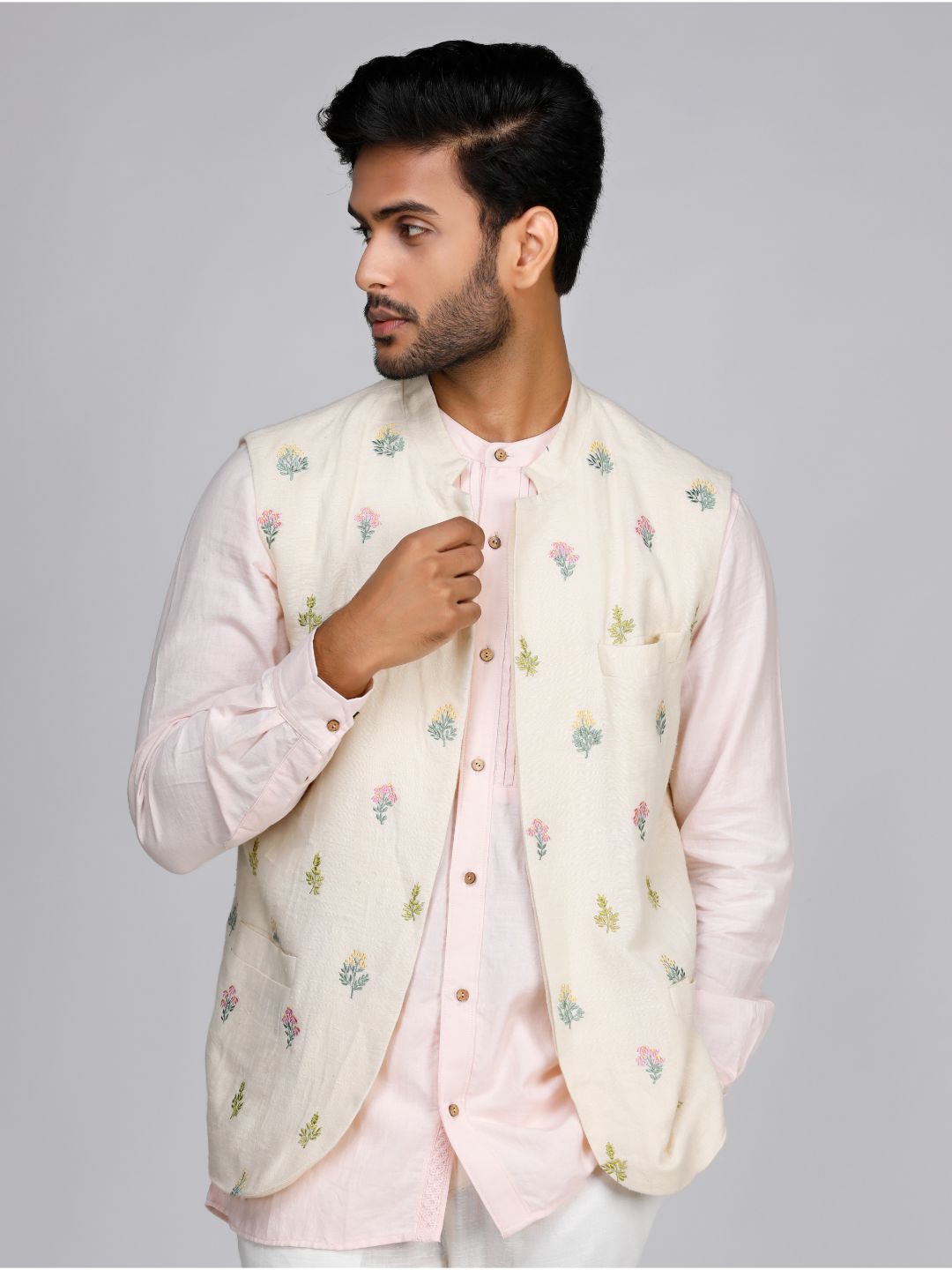 Eco Khadi Cotton Embroidered Nehru Jacket - Arva