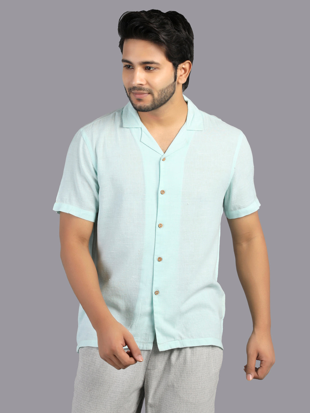 Eco Khadi Cotton Blue Shirt with Camp Collar - Divik