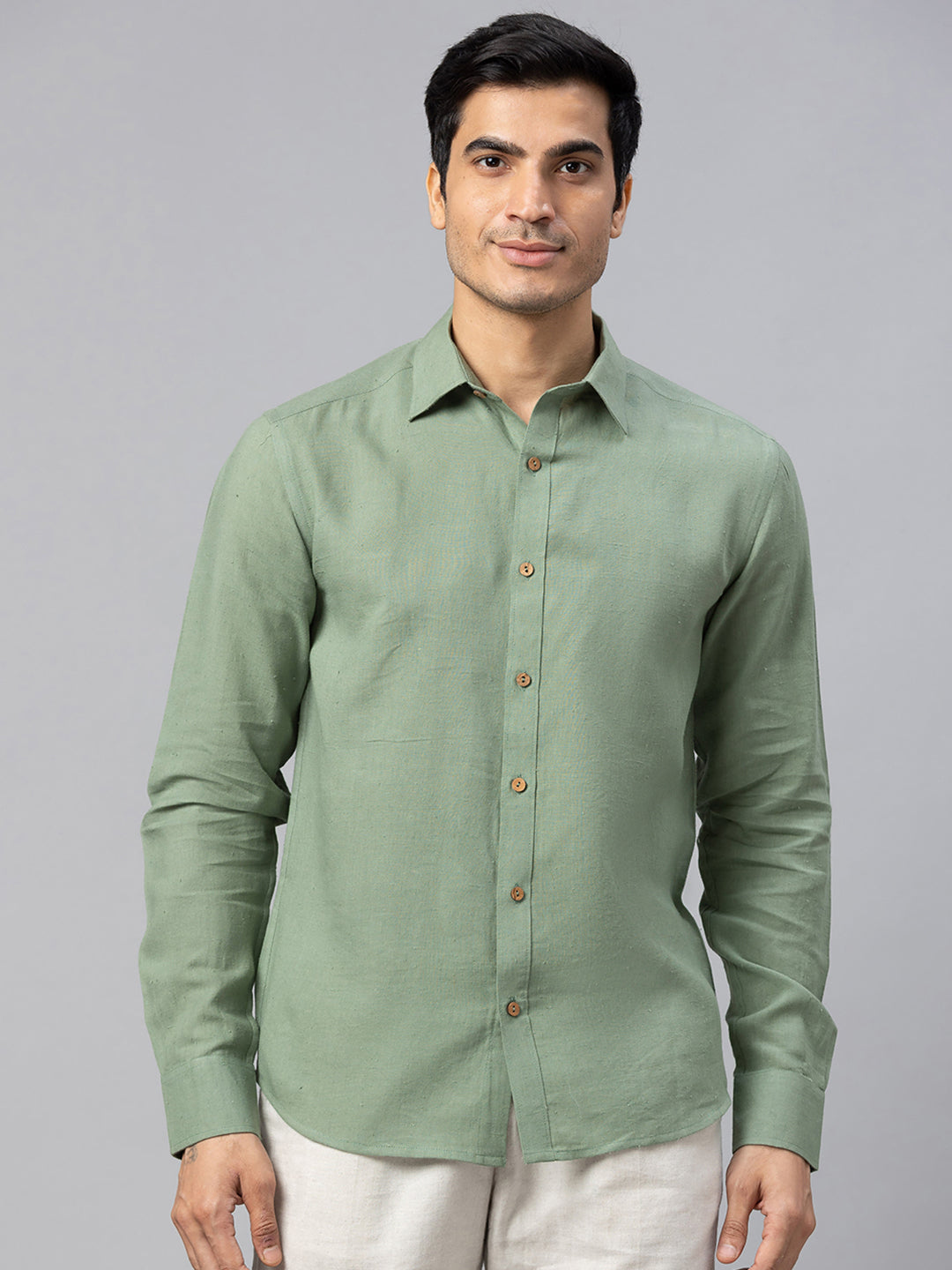Eco Khadi Cotton Autumn Sage Green Classic Shirt - Jayden