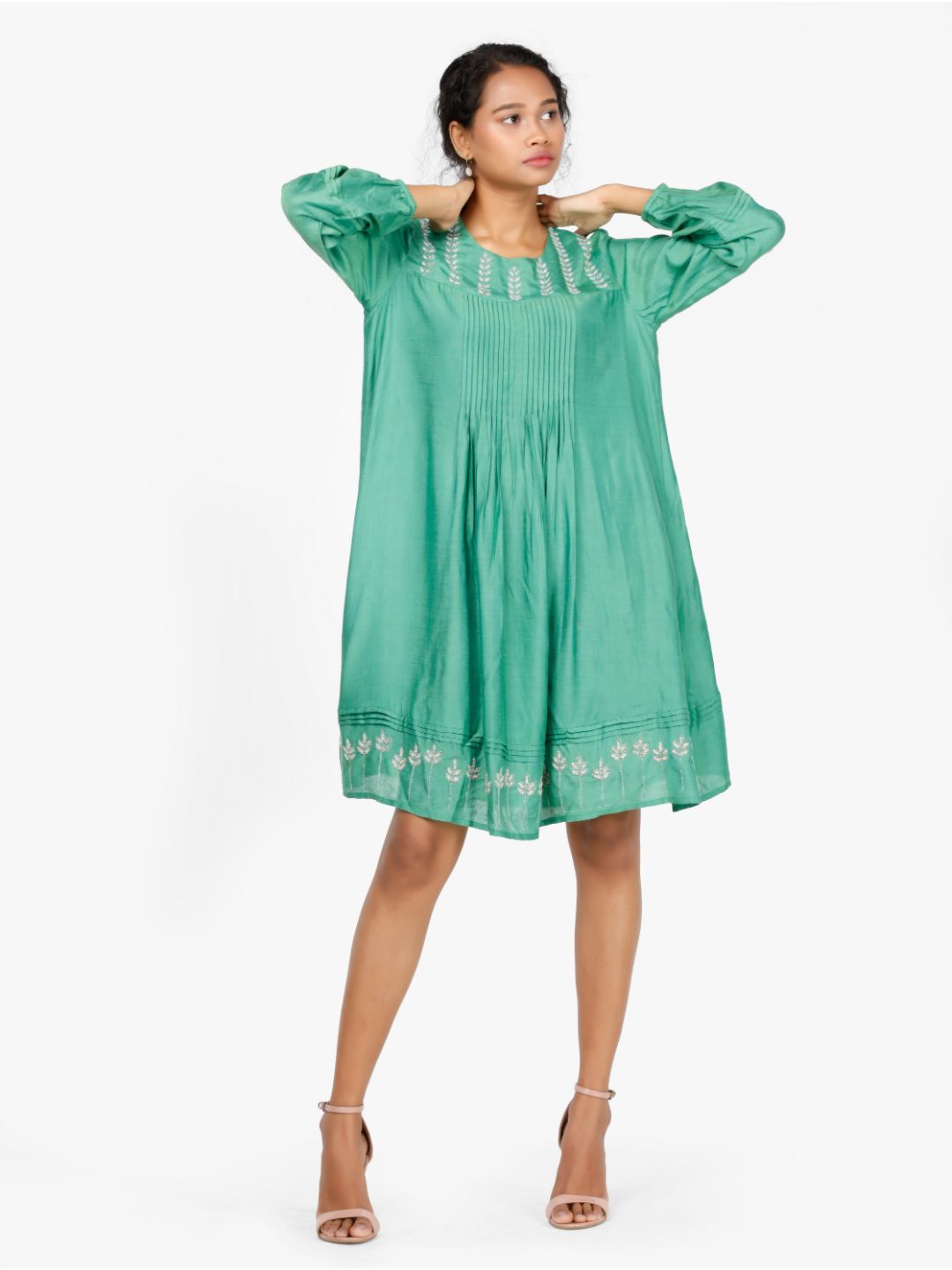 Eco Khadi Silk Hand Embroidered Green Tunic Dress