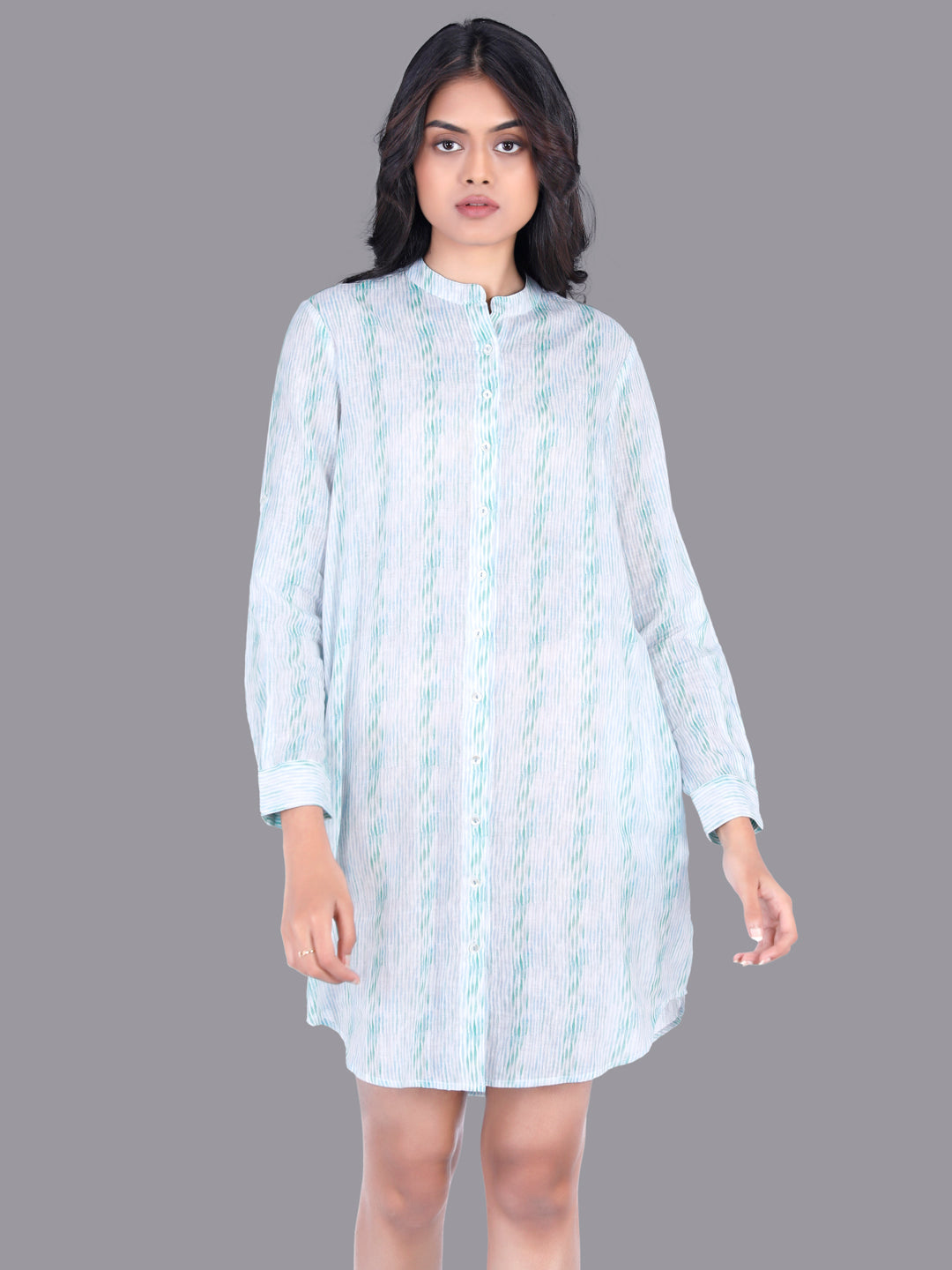 Khadi muslin cotton shirt dress with functional pockets.Water stripe ...